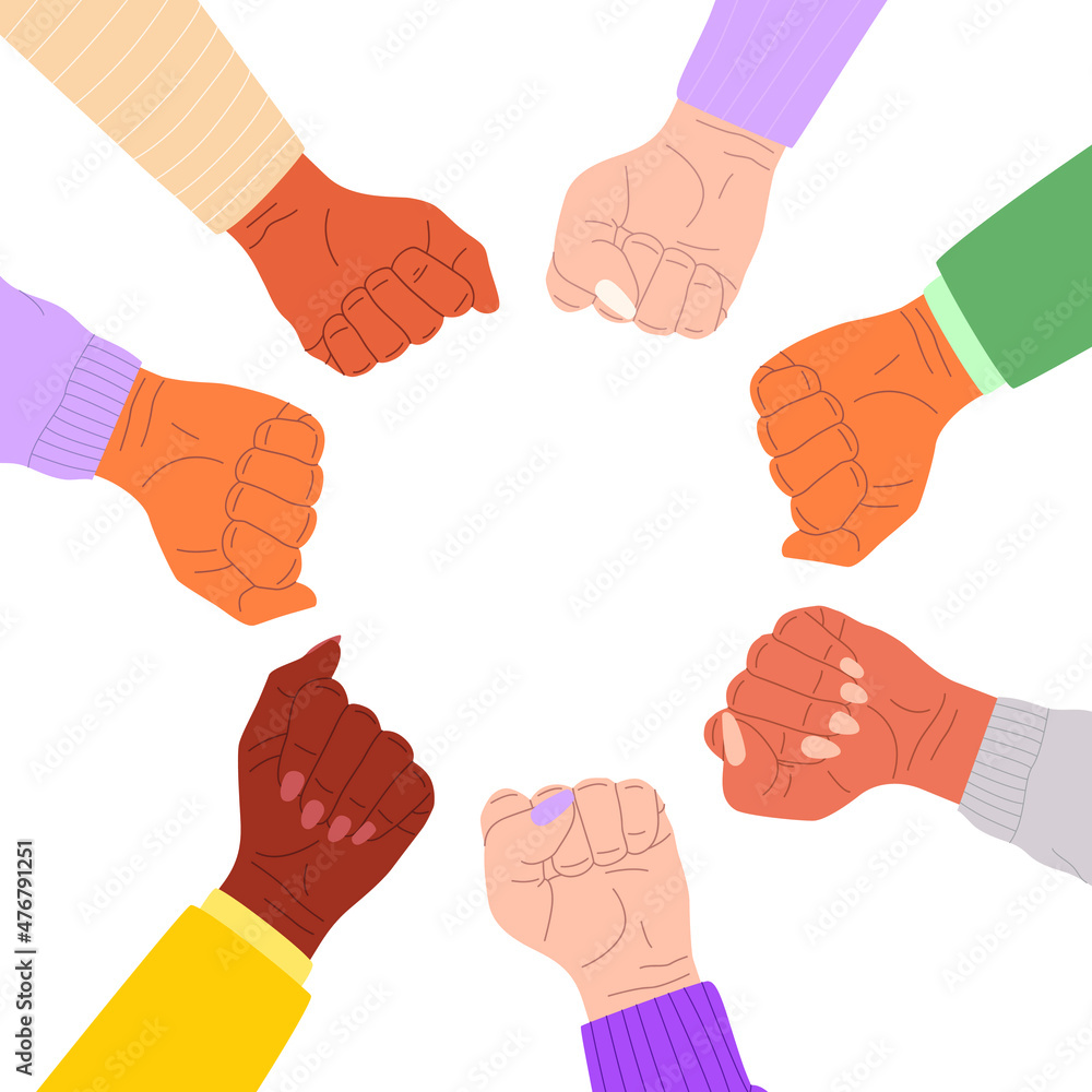Flat vector cartoon illustration of hands forming a circle of fists ...