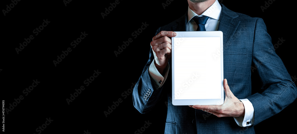 Screen mockup. Empty blank tablet in businessman hand. Mock up screen ...