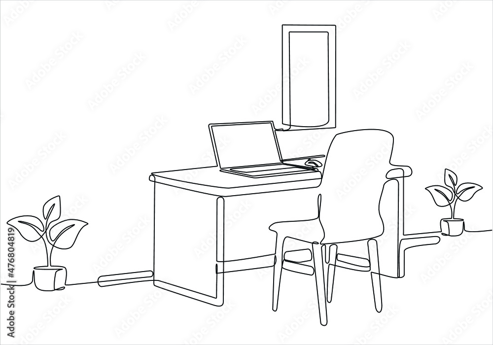 continuous line drawing of office desks and chairs along with laptops ...