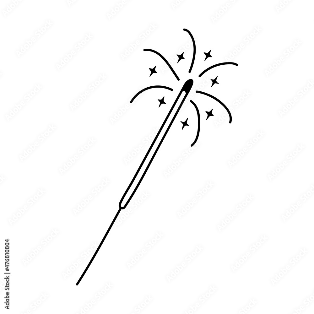 Hand drawn cartoon illustration of outline sparkler firework. Cute ...