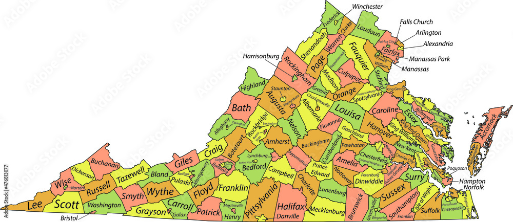 Pastel vector administrative map of the Federal State of Virginia, USA ...