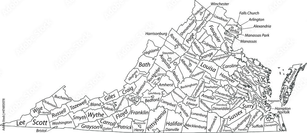 White vector administrative map of the Federal State of Virginia, USA ...
