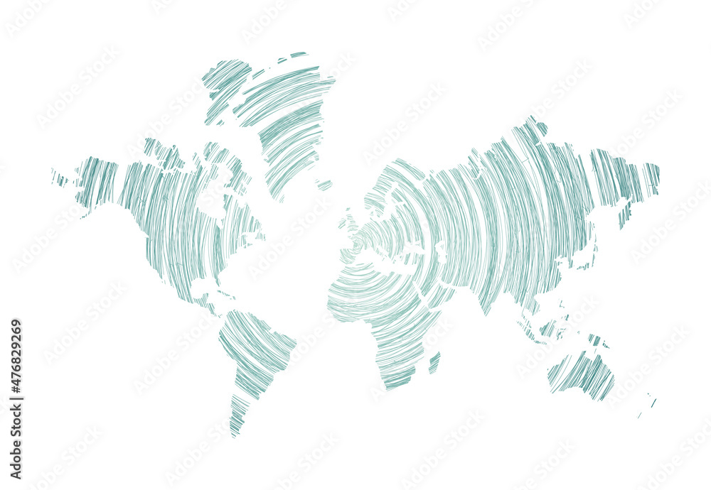 The World map filled with concentric circles. Sketch style circles in ...