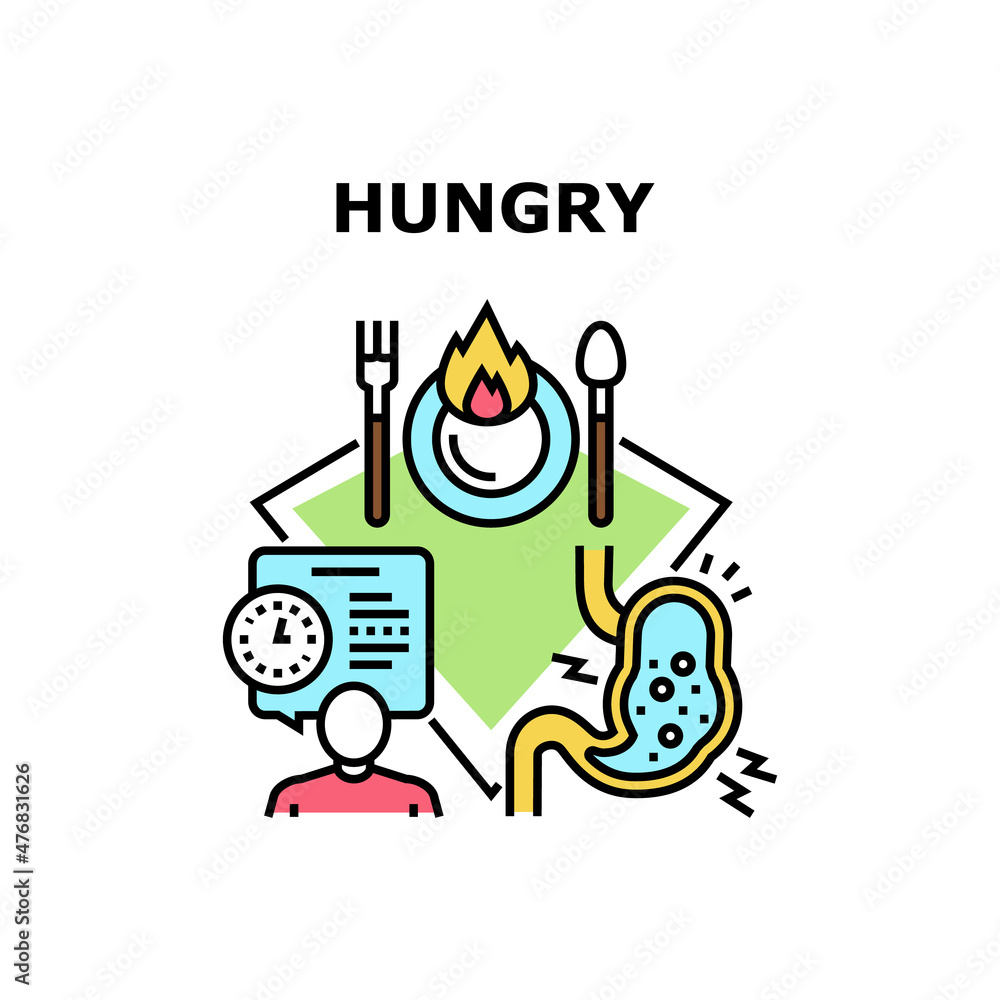 Hungry food stomach. Hunger person. Stomachache. Meal dream vector ...