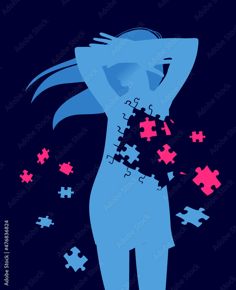 A silhouette of a sad woman with jigsaw puzzle pieces falling apart. A ...