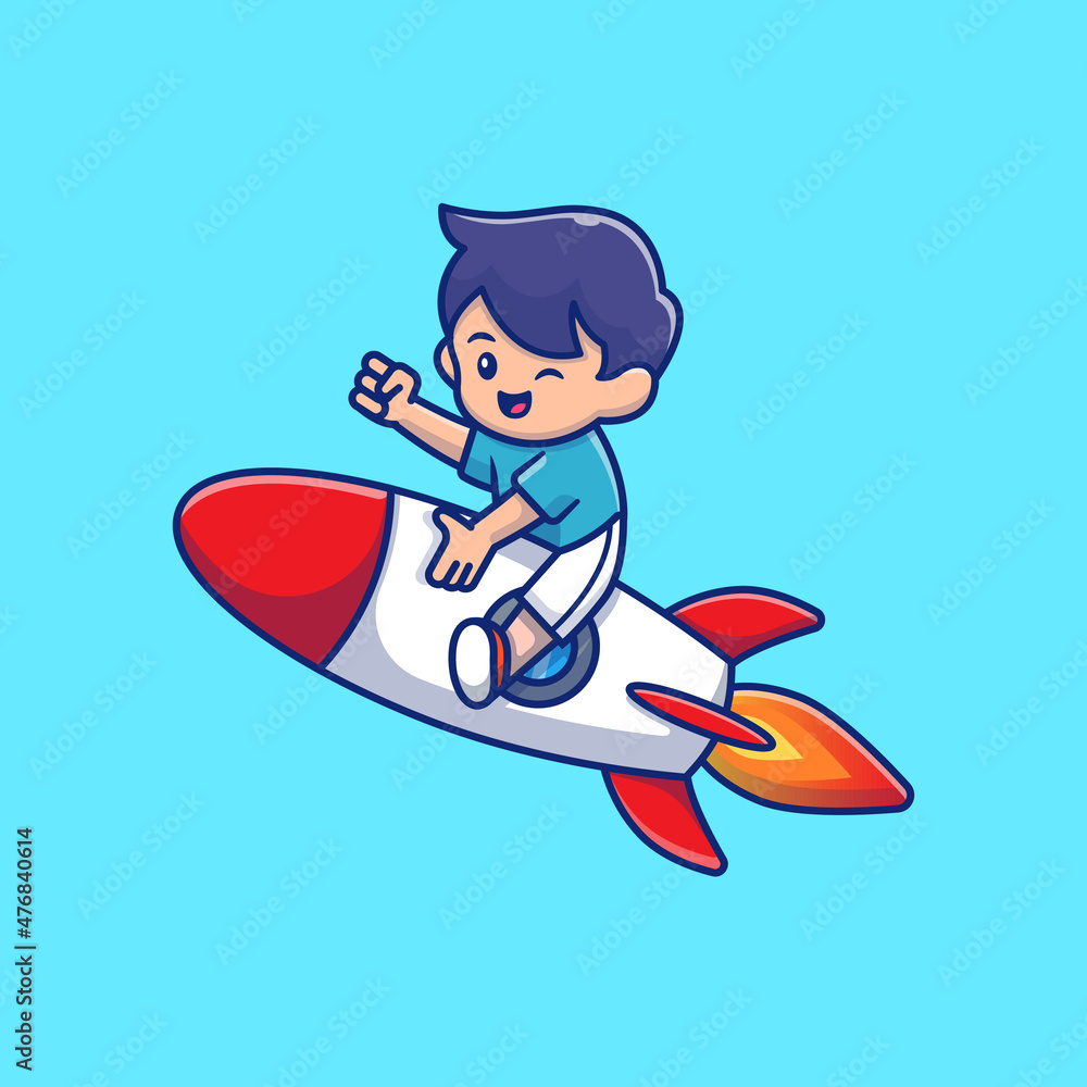 Cute Kid Riding Rocket Cartoon Vector Icon Illustration. People And ...