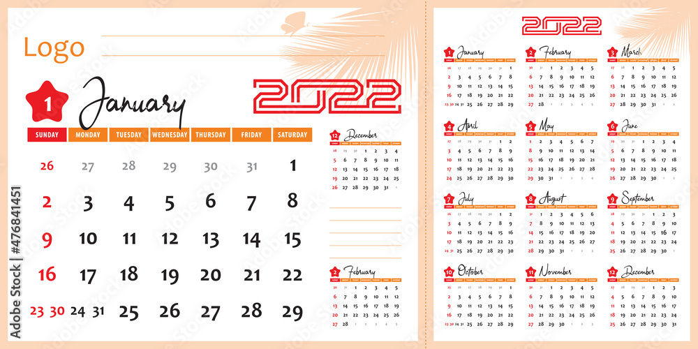 table calendar template 2022. starting week. equipped with a memo ...