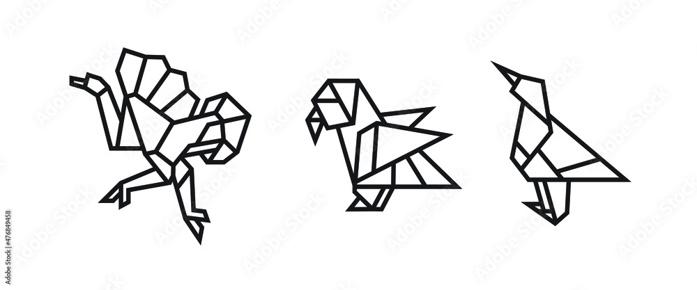 origami style illustration of birds. abstract geometric outline drawing ...