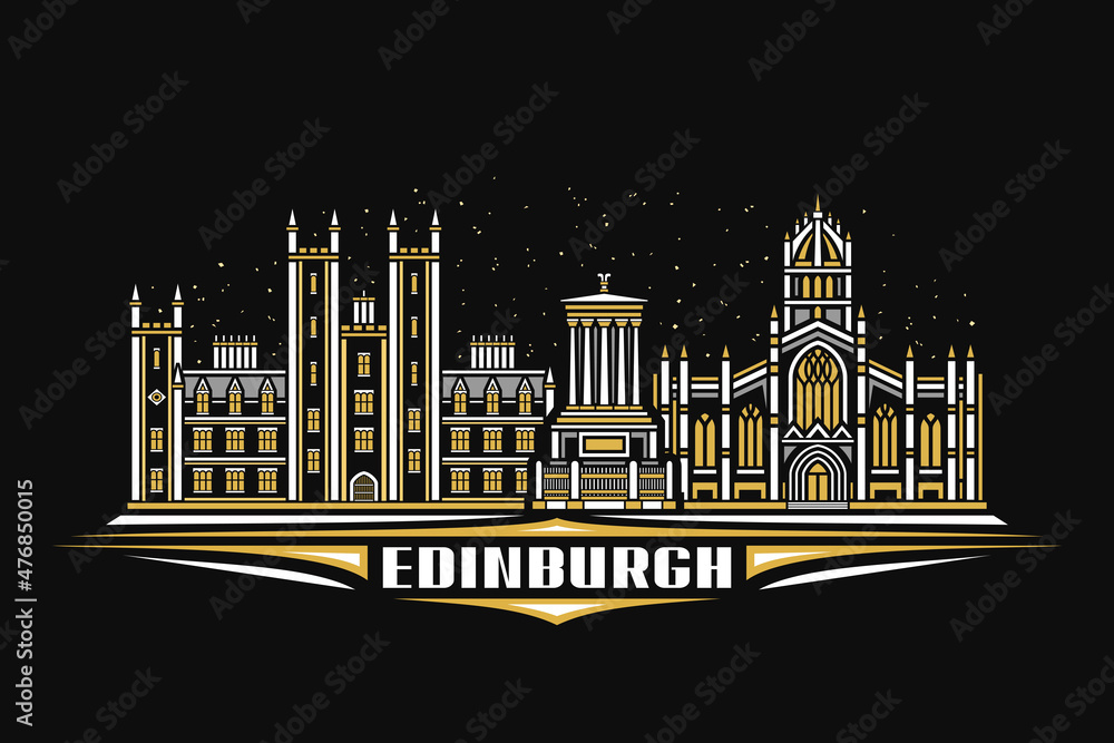 Vector illustration of Edinburgh, dark horizontal poster with linear ...