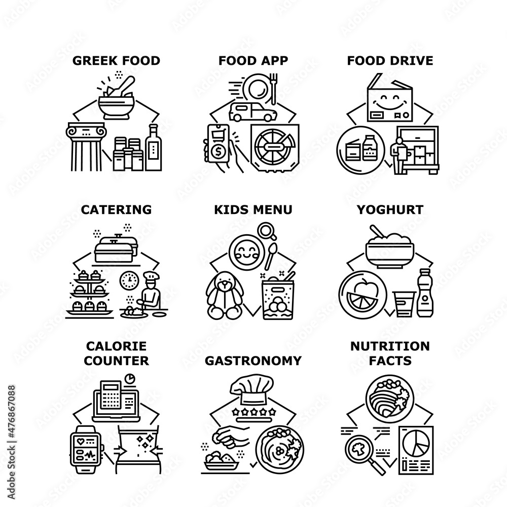 Food gastronomy set icons vector. Nutrition facts. Calorie counter. Food drive, app. Greek. Kids ...