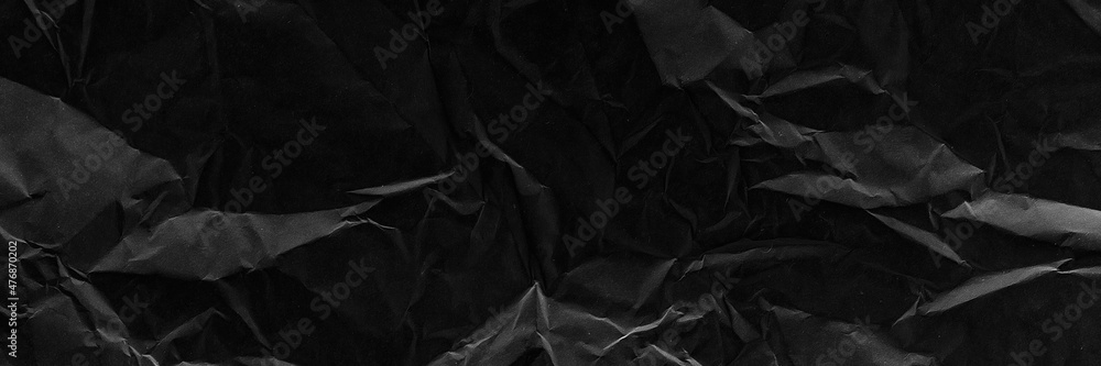Black crumpled paper texture with folds banner. Black grunge surface ...