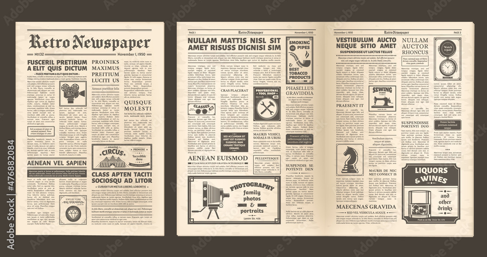 Vintage old newspaper full page, retro spread pages. Retro newsprint ...