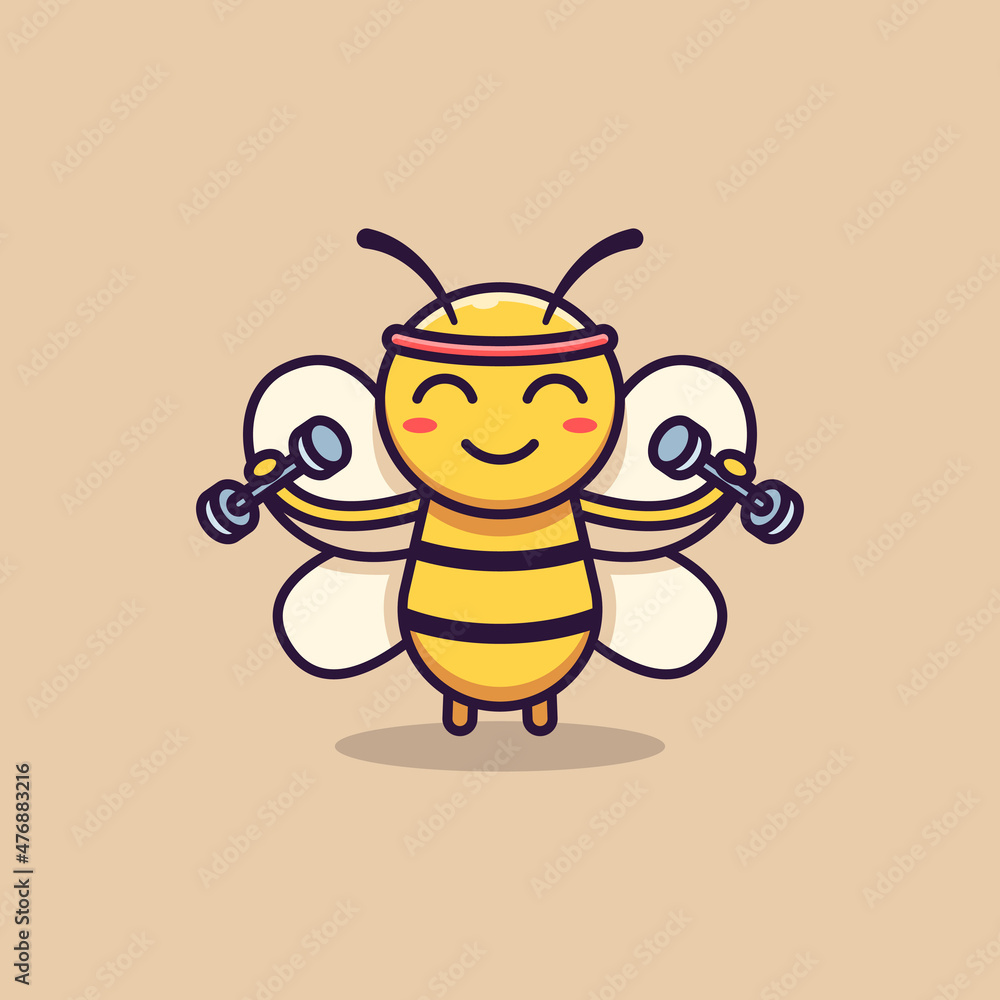 Cute bee character mascot is exercising lifting weights. Animal vector ...