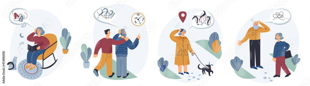 Elderly people with dementia disease set, elder woman and man suffering ...