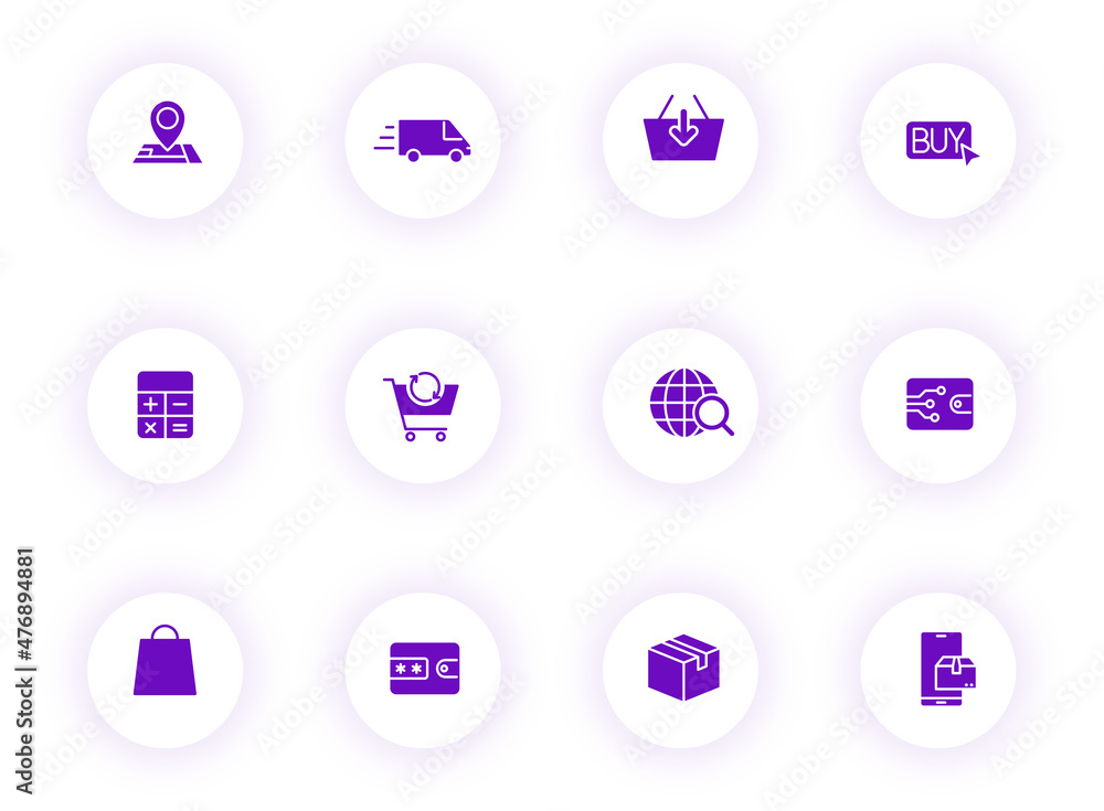 e shopping purple color vector icons on light round buttons with purple ...