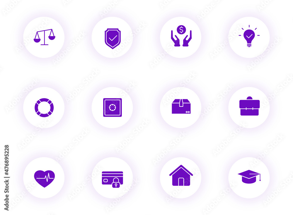 insurance purple color vector icons on light round buttons with purple ...