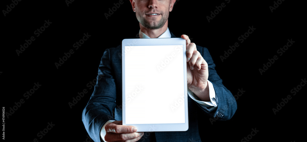 Screen mockup. Empty blank tablet in businessman hand. Mock up screen ...
