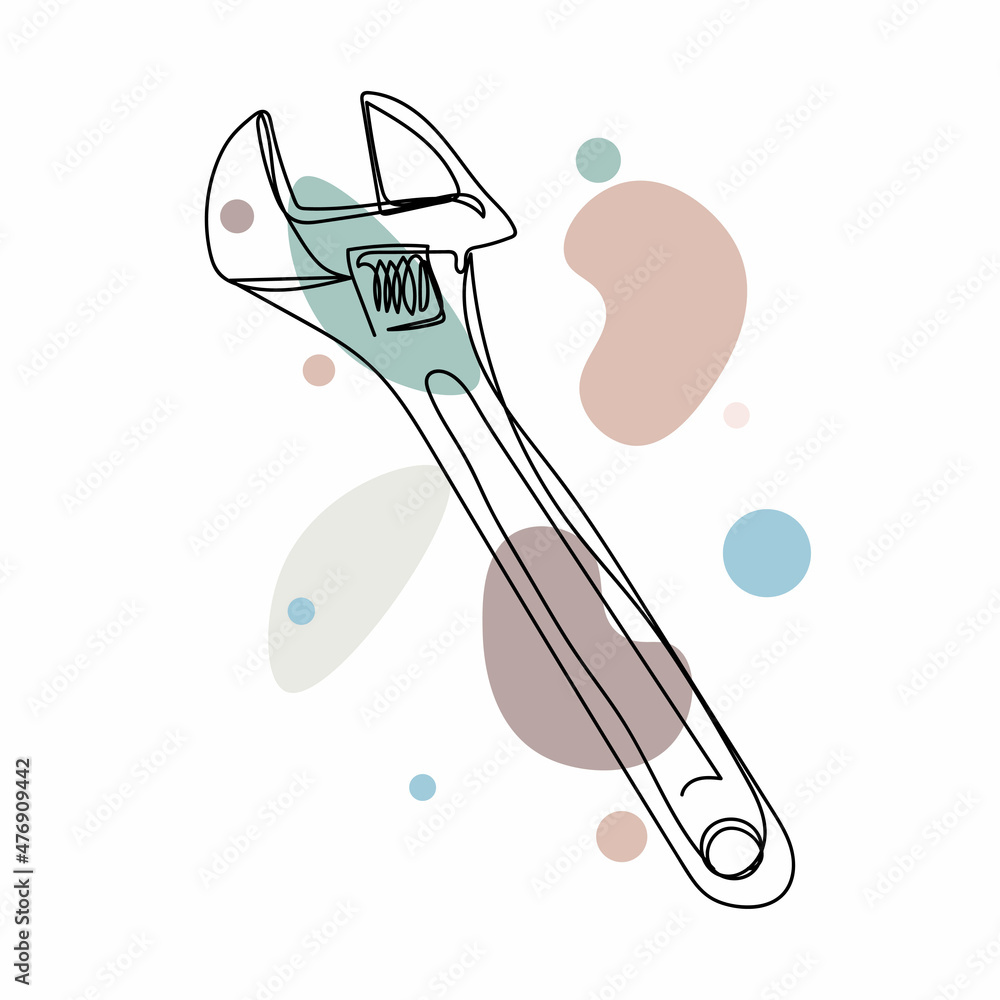 Continuous one simple single line drawing of adjustable spanner icon in ...