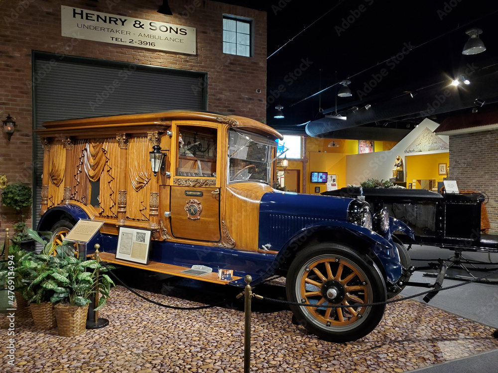 1921 Rockfalls Hearse with hand-carved wooden panels on display at the ...