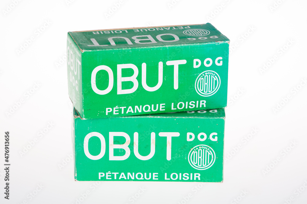 obut logo sign and text brand petanque balls with green box isolated on ...