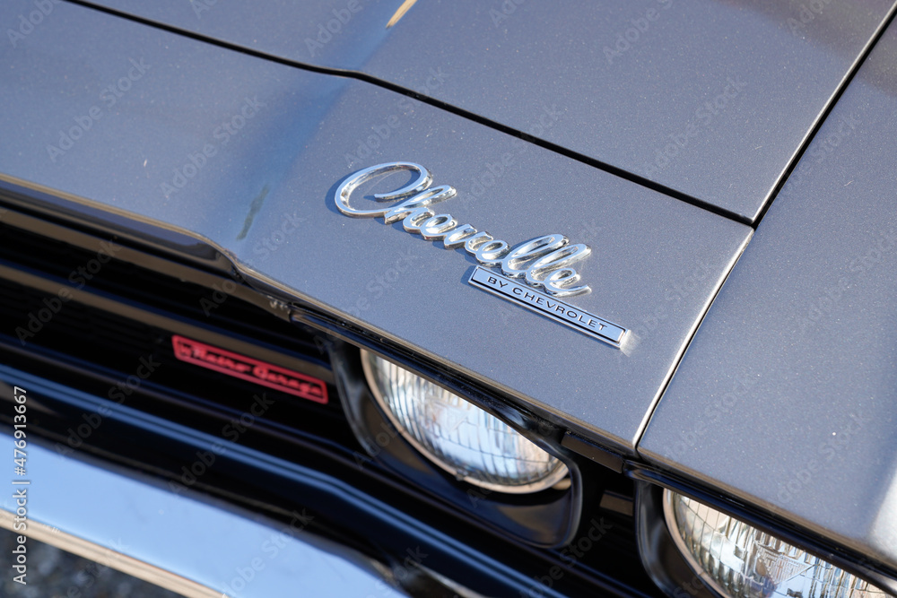 Chevrolet chevelle muscle car front view with logo brand american sign ...