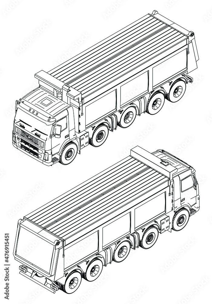 Vector contour Dump truck illustration. Isolated white outline tipper ...