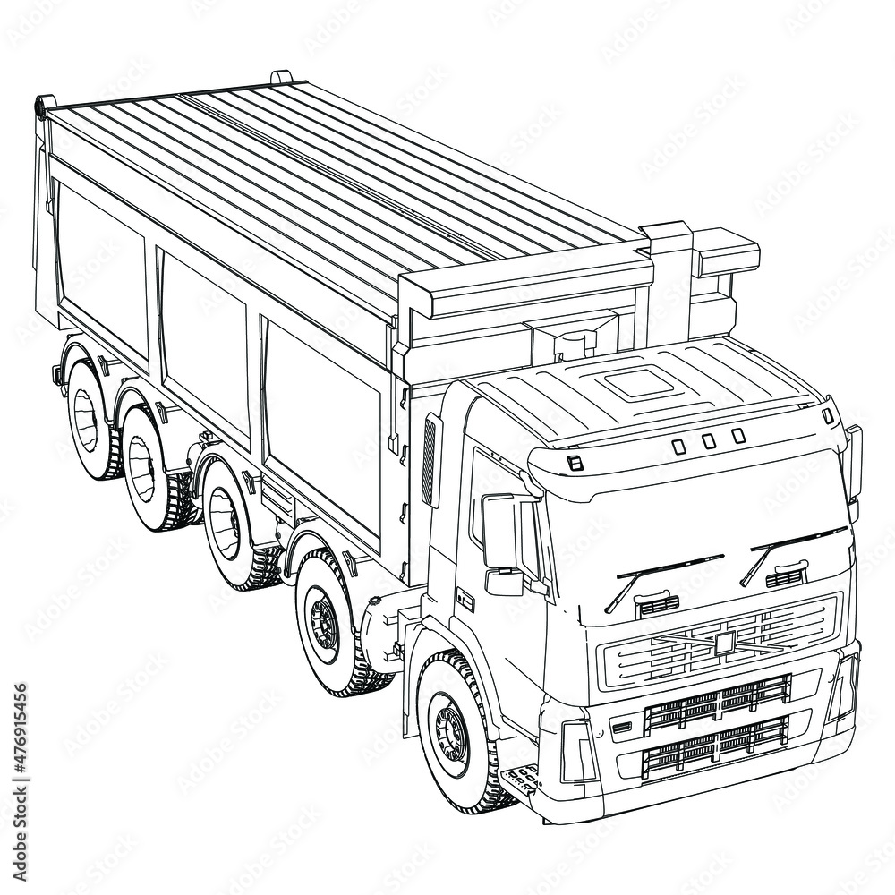 Vector contour Dump truck illustration. Isolated white outline tipper ...