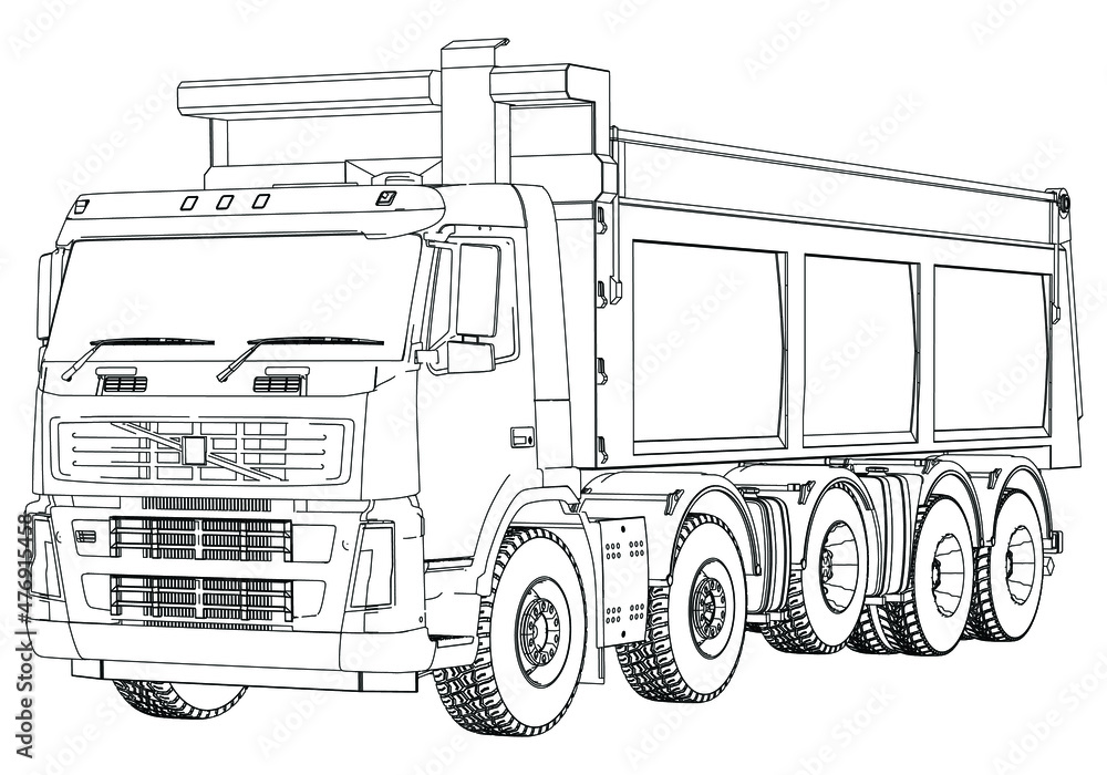 Vector contour Dump truck illustration. Isolated white outline tipper ...