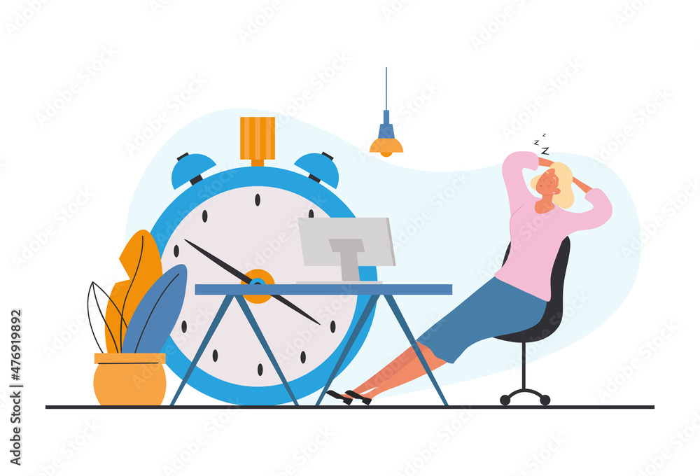 Dont want work. Girl sits on background of clock, metaphor of ...