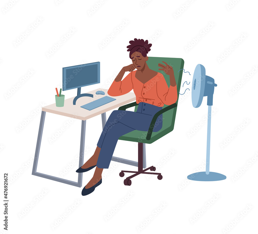 Woman working near fan. Employer creates comfortable environment for ...