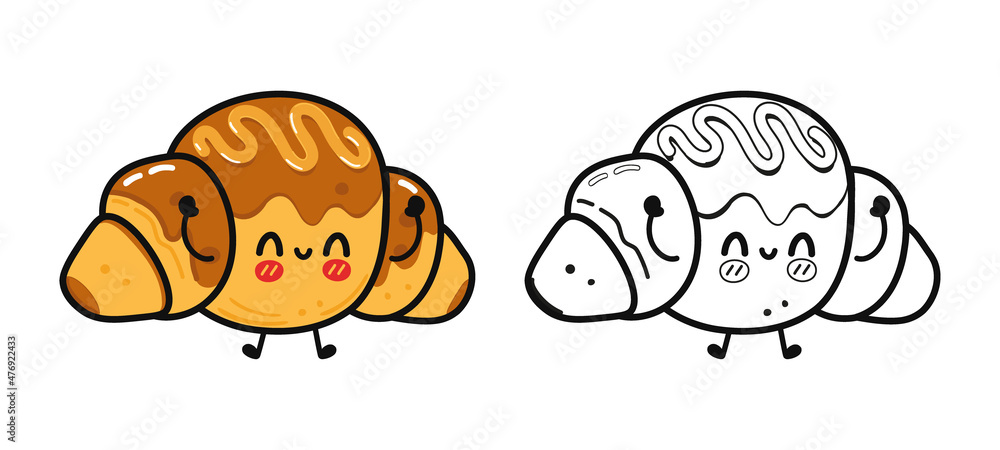 Funny cute happy croissant characters bundle set. Vector kawaii line ...