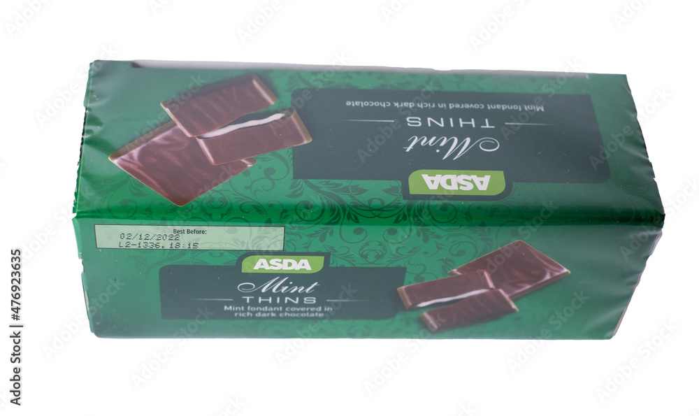 Norwich, Norfolk, UK – December 2021. A box of Asda branded Mint Thins ...