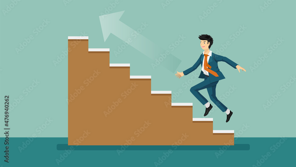 Businessman in suit jump up the stairs. Stairs are brown and the floor ...