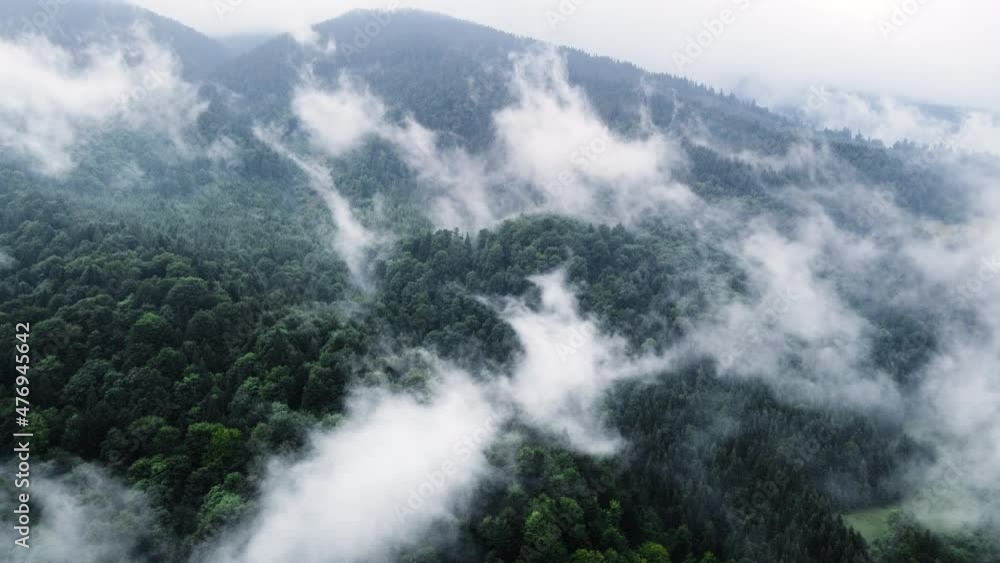 Aerial view of misty forest, Clouds above green mountain, Drone flying ...
