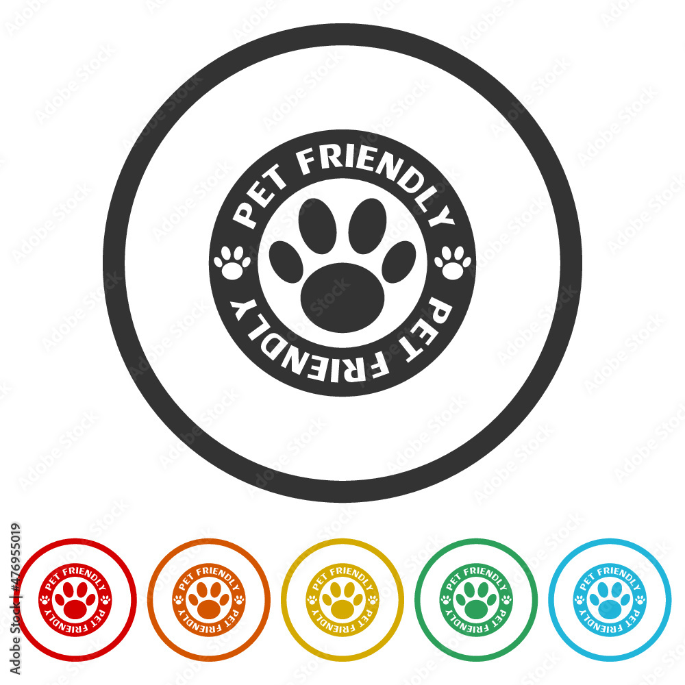 Pet animal friendly sign isolated on white background, color set Stock ...