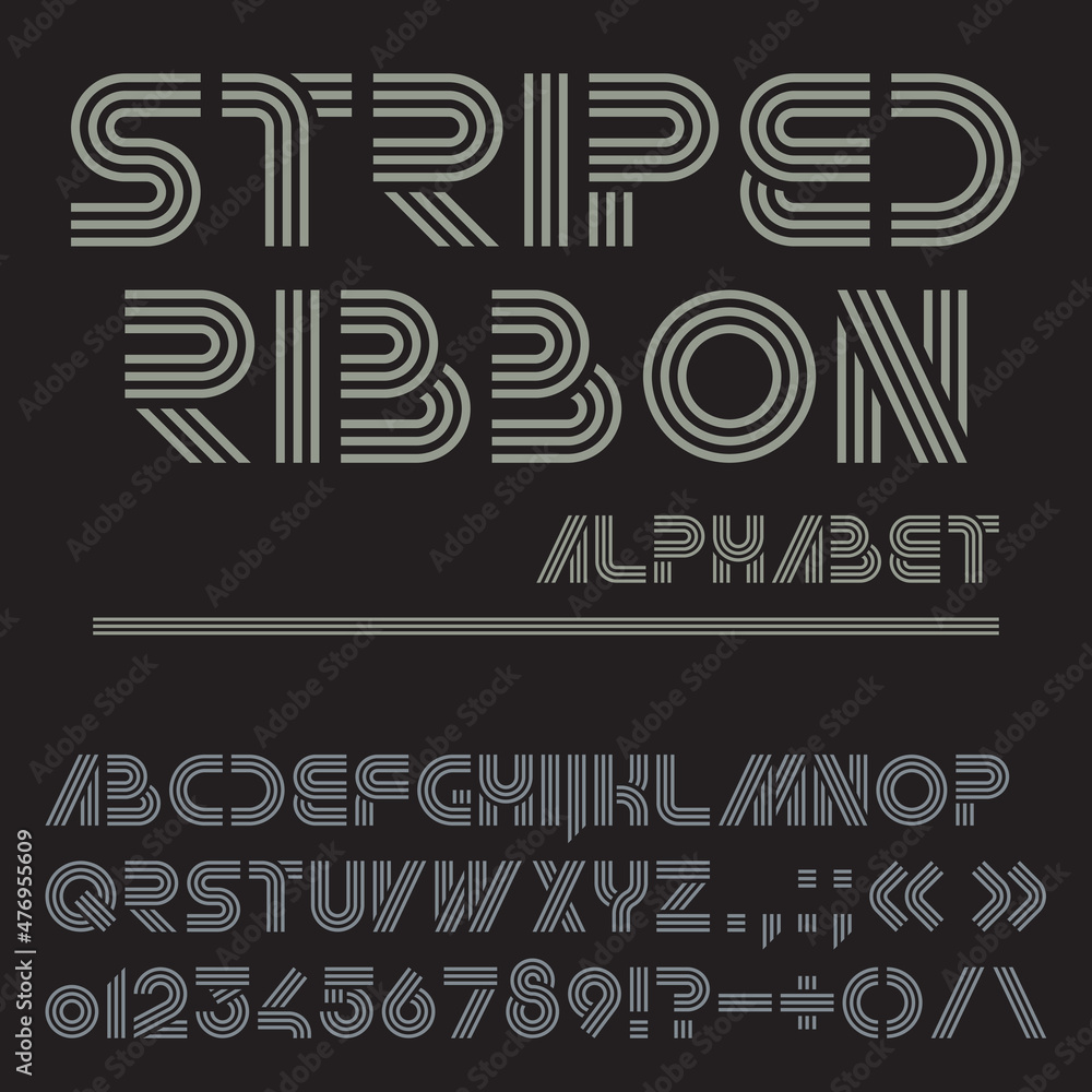 Vector font from striped ribbons. Monochrome alphabet. Letters, numbers ...