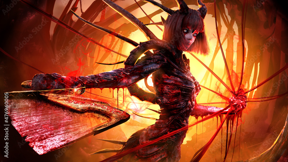 A bloody demoness with many horns and spikes with a shiny cleaver in ...