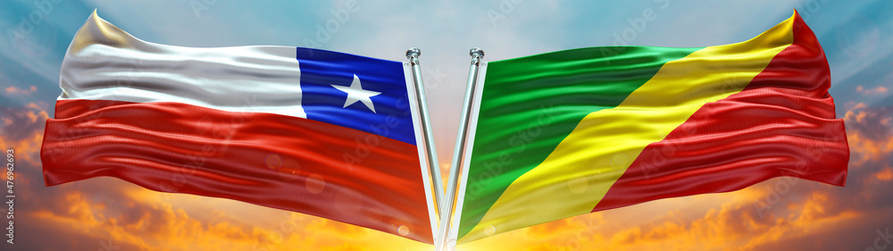 Chile flag and Republic of the Congo Flag waving with texture sky Cloud ...