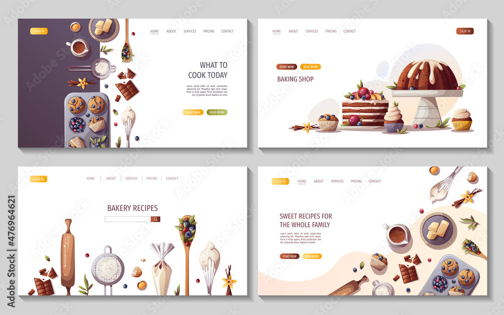 Set of web pages with baking elements. Baking, bakery shop, cooking ...