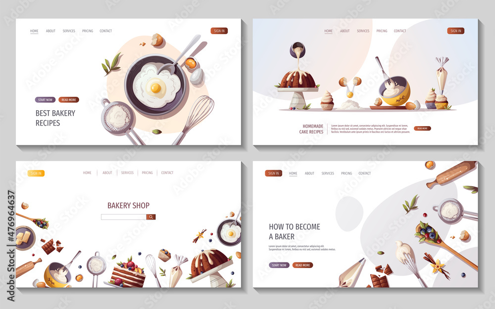 Set of web pages with baking elements. Baking, bakery shop, cooking ...