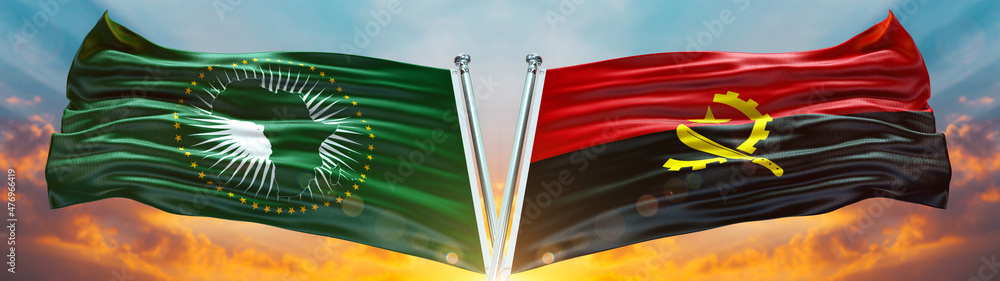 African Union flag and Angola Flag waving with texture sky Cloud and ...