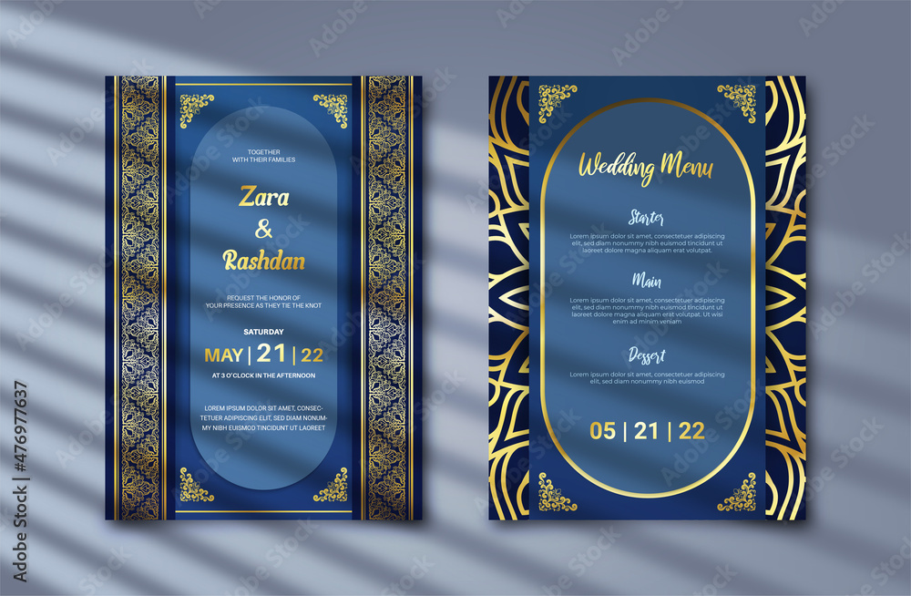 Luxury wedding invitation card with abstract ornament on dark blue ...