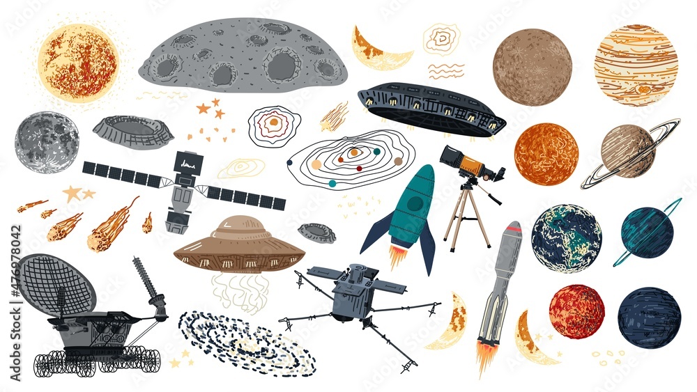 Cute space clipart: planets, stars, spaceship, flying saucer, telescope ...