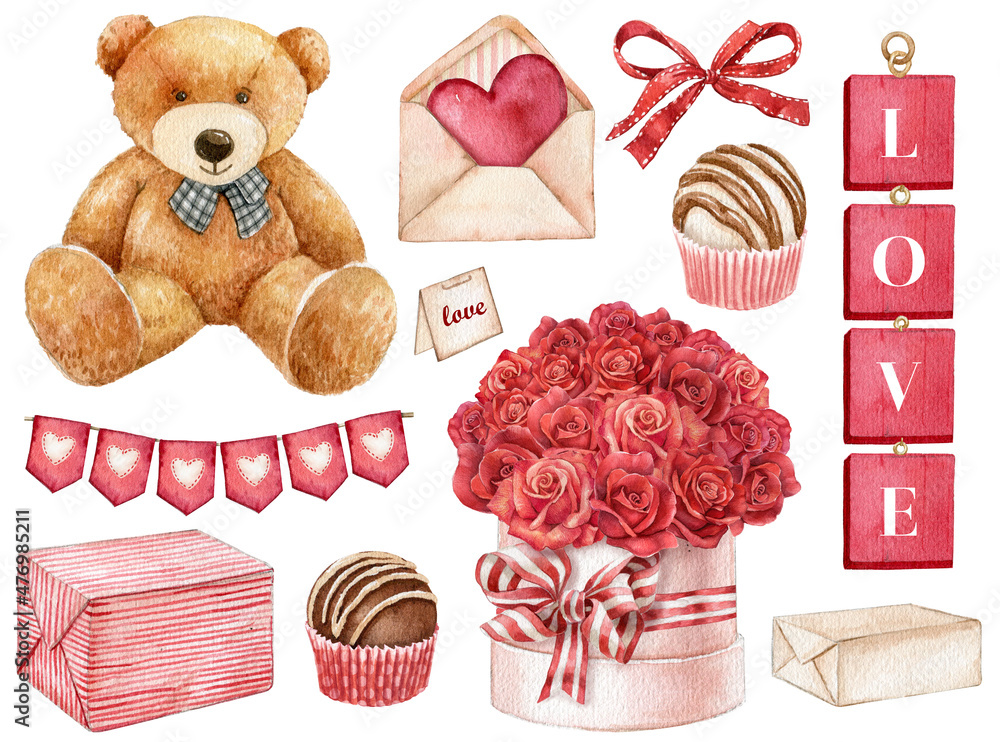 Watercolor valentines day set, romantic elements.Plush teddy bear, red ...