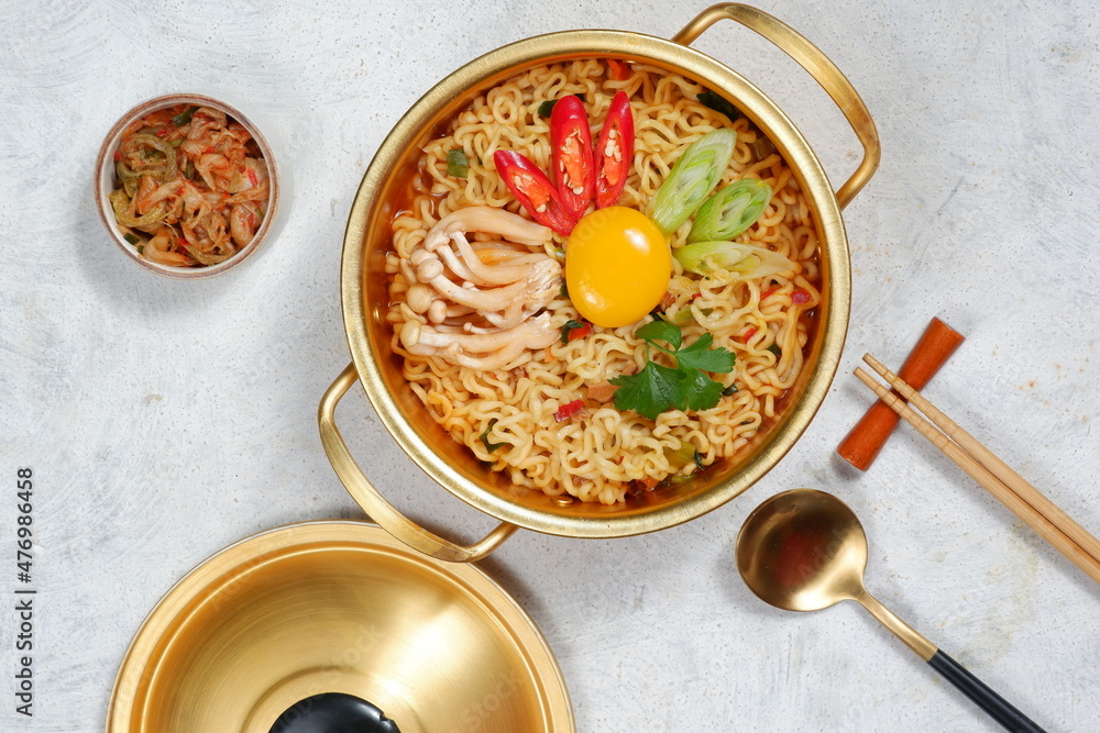 Serving a Korean style instant noodle, Ramyeon or Ramyun with spicy ...