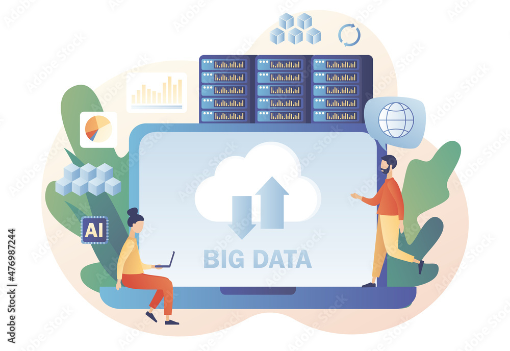 Big data - text on laptop screen. Tiny character data engineers. Data ...