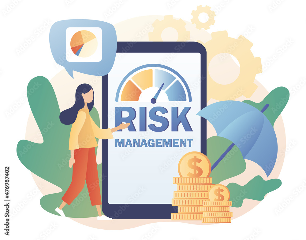 Risk management. Tiny woman review, evaluate, analysis risk. Risk ...