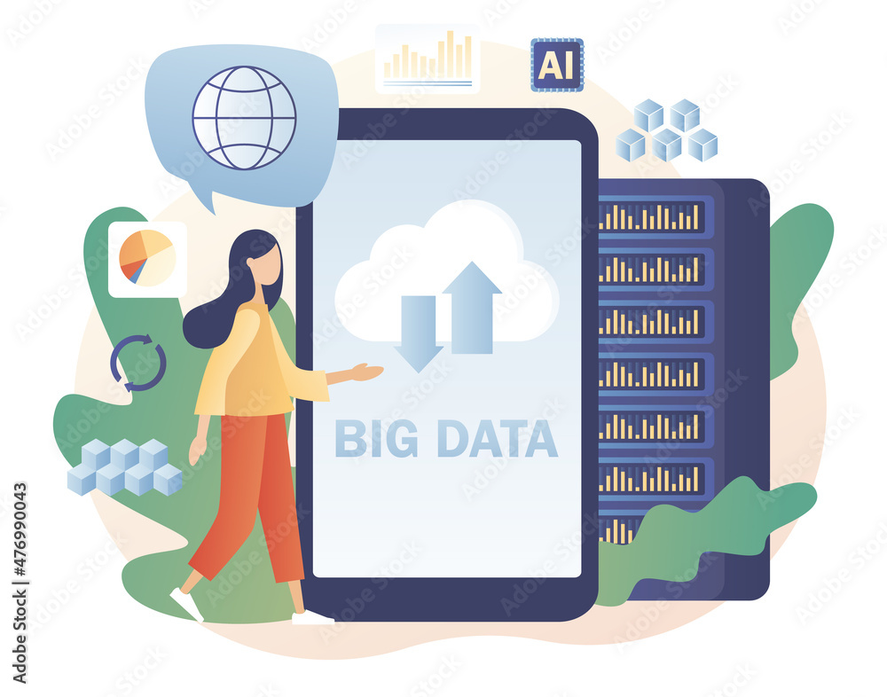 Big data - text on smartphone screen. Tiny woman data engineers. Data ...