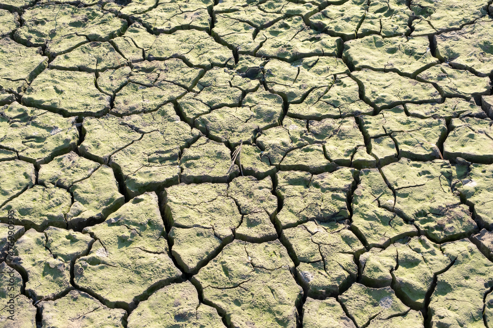 Dry river bed. Empty dry river bed with cracked ground. Global warming ...