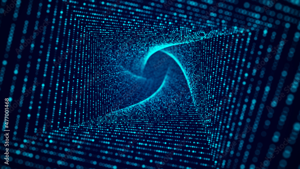 Abstract particle flow in cyberspace. Futuristic 3D portal. Digital ...
